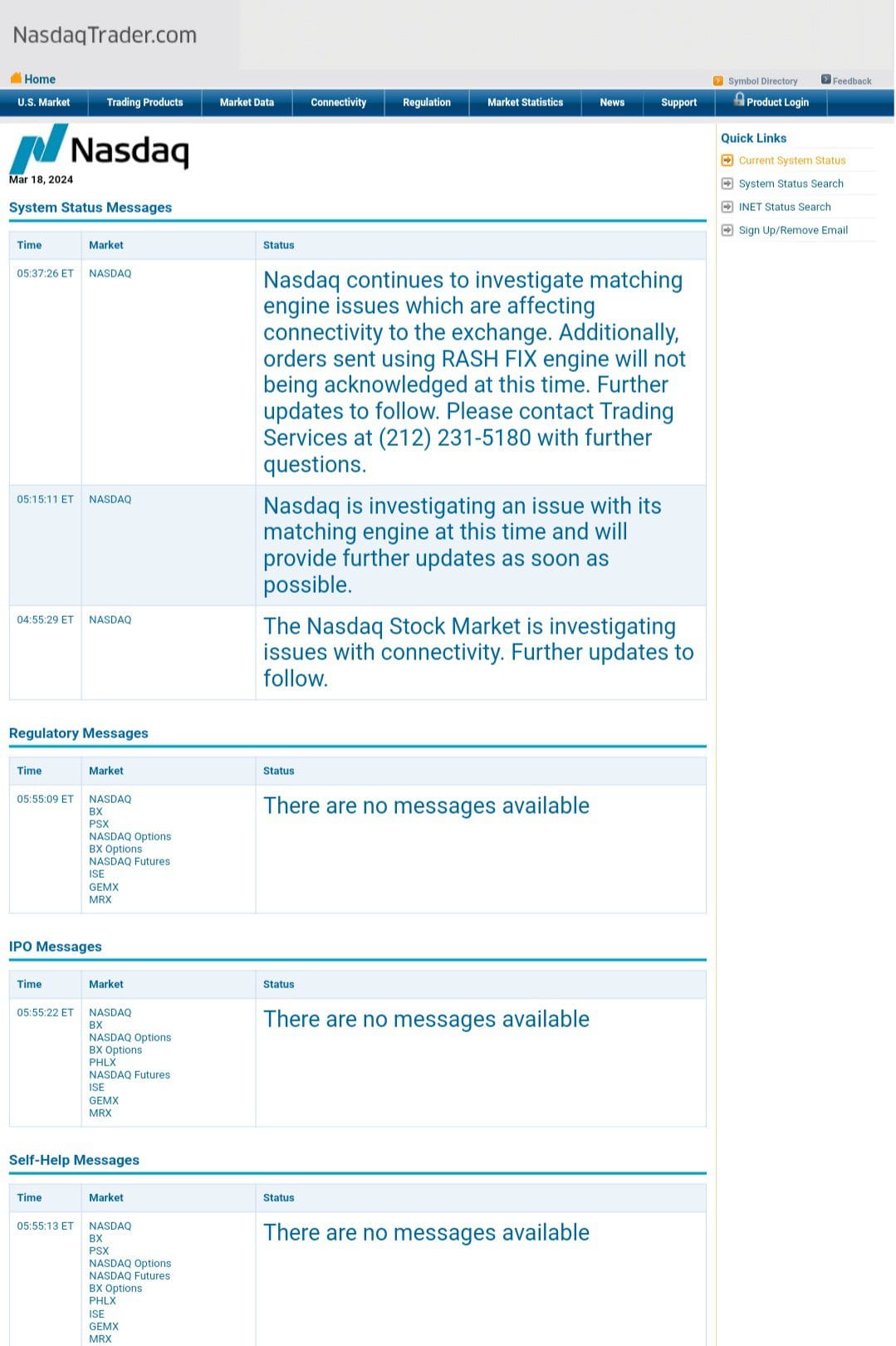 Nasdaq Investigating Connectivity Issues and Matching Engine Problems ...